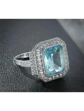 Jewelry | Silvertone Square Blue Cushioncut Crystal Halo Cocktail Ring ...